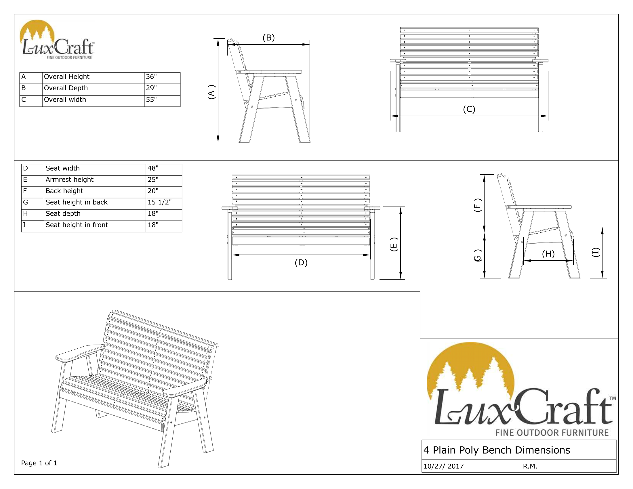 Poly Rollback 4ft Plain Bench | Luxcraft Fine Patio Furniture ...