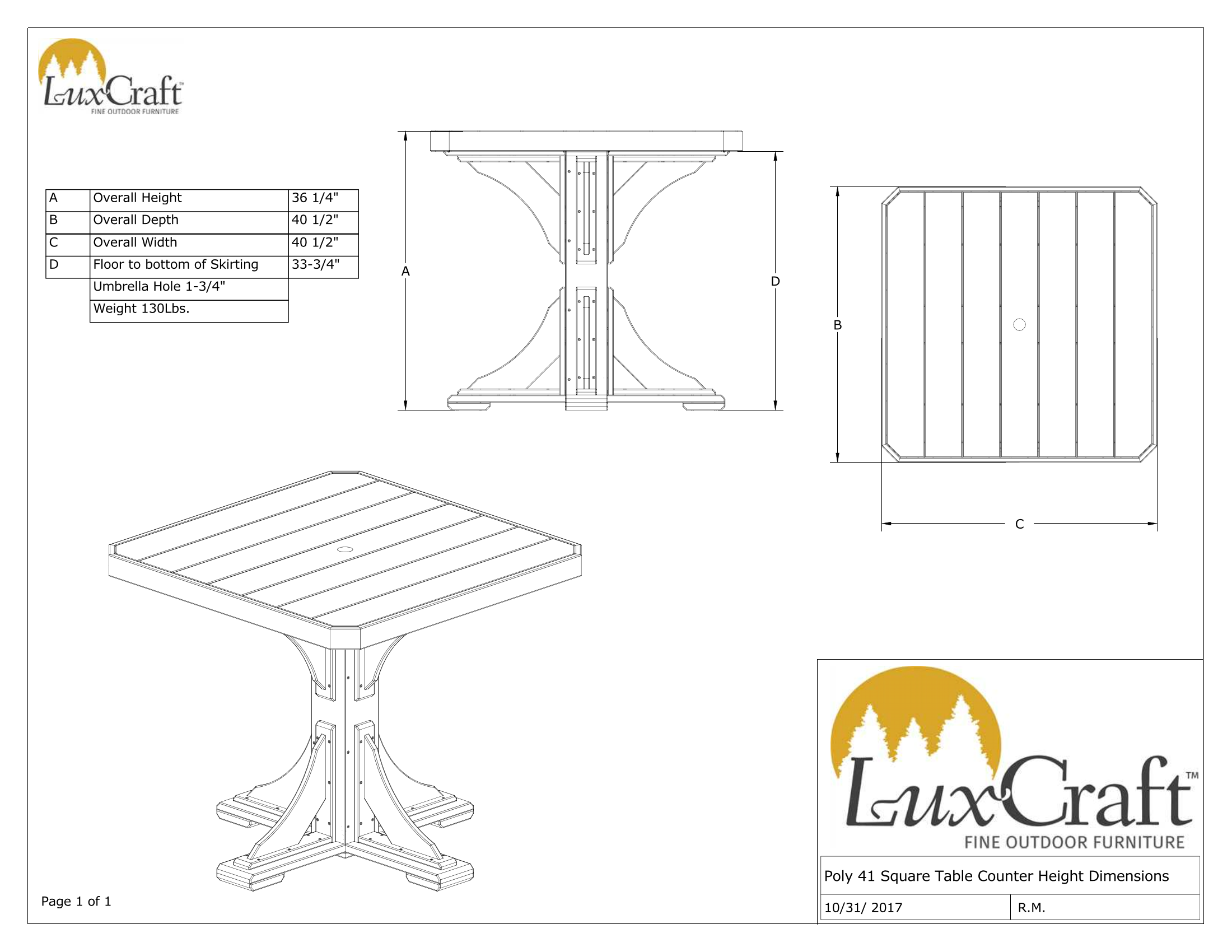 41" Counter Height Square Table | Luxcraft Outdoor Furniture ...